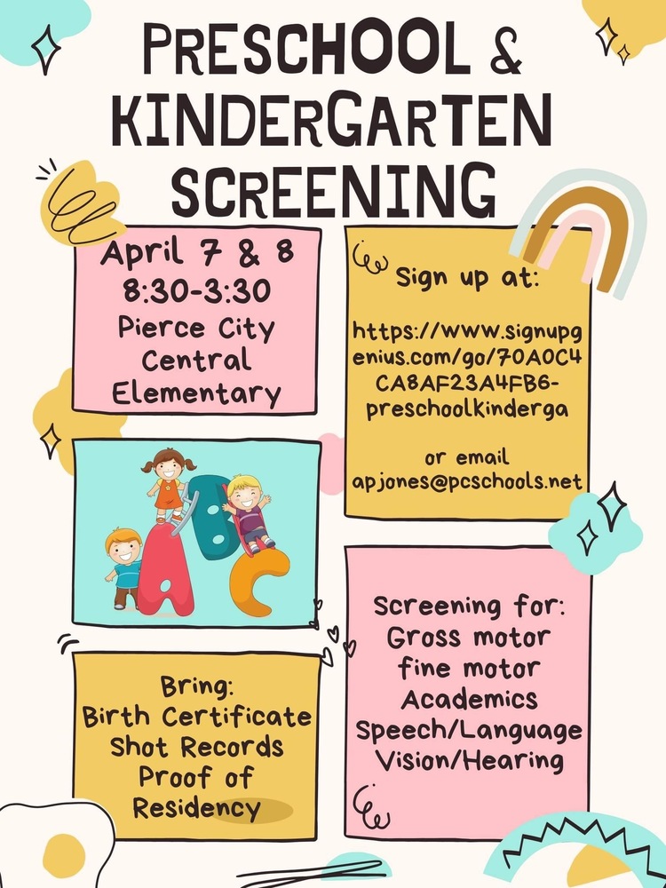 Preschool Kindergarten Screening Pierce City Schools